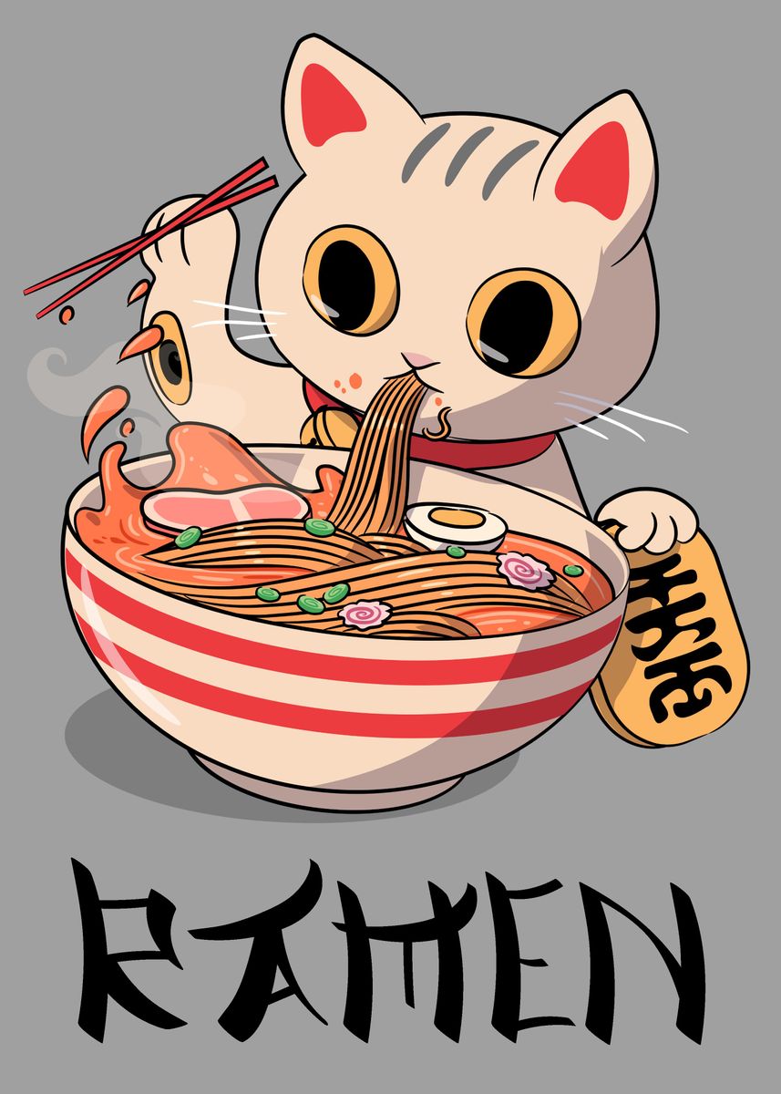 'Cute Kitty eating Ramen' Poster, picture, metal print, paint by Max ...