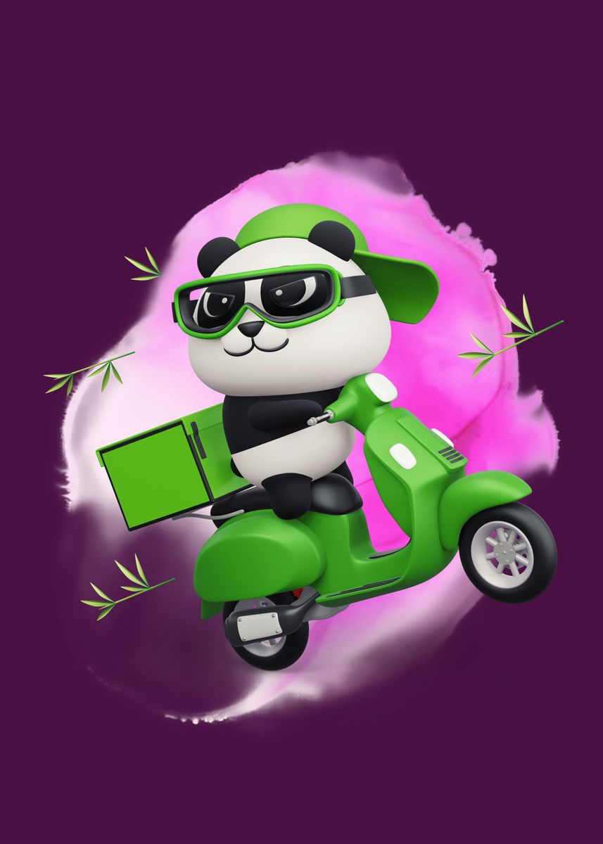 'Yo Pandas Green Scooter' Poster, picture, metal print, paint by Oizy ...
