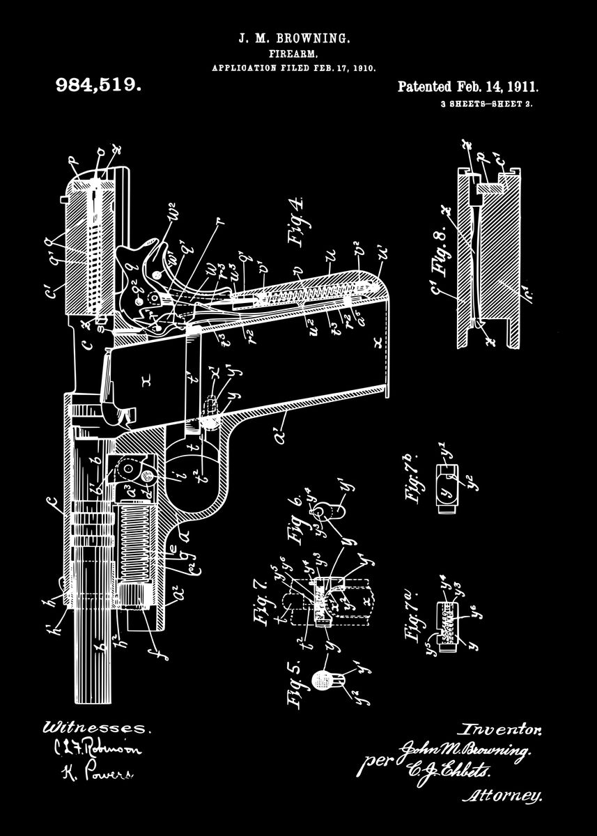 'Firearm patent 1911 ' Poster, picture, metal print, paint by RelDesign ...