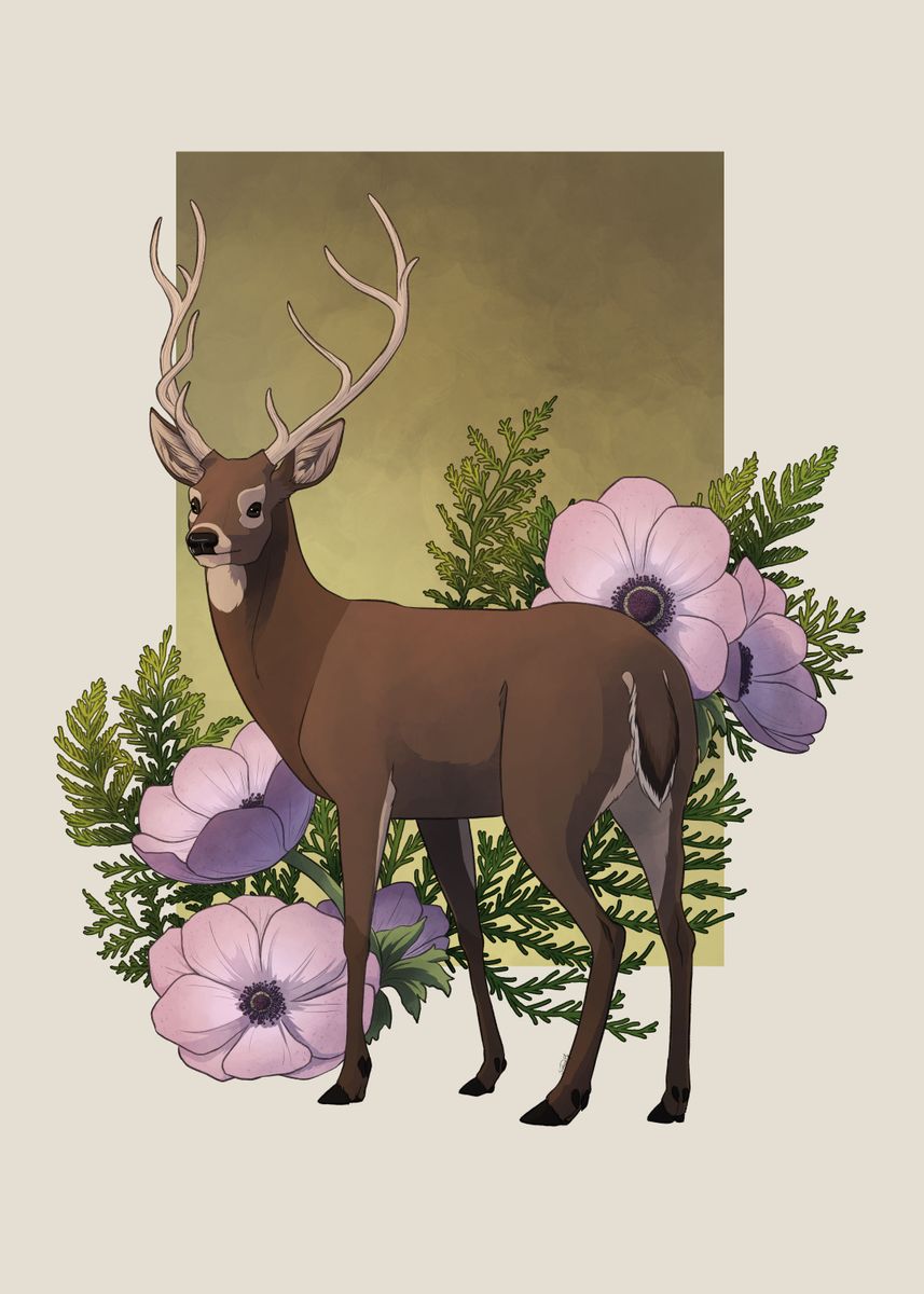 'Floral Stag' Poster, picture, metal print, paint by SophiePf | Displate