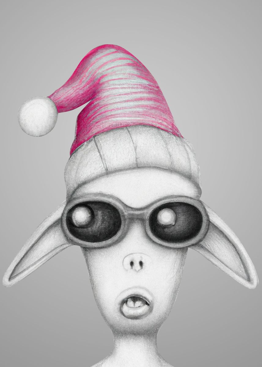 'alien wearing cristmas hat' Poster, picture, metal print, paint by ...