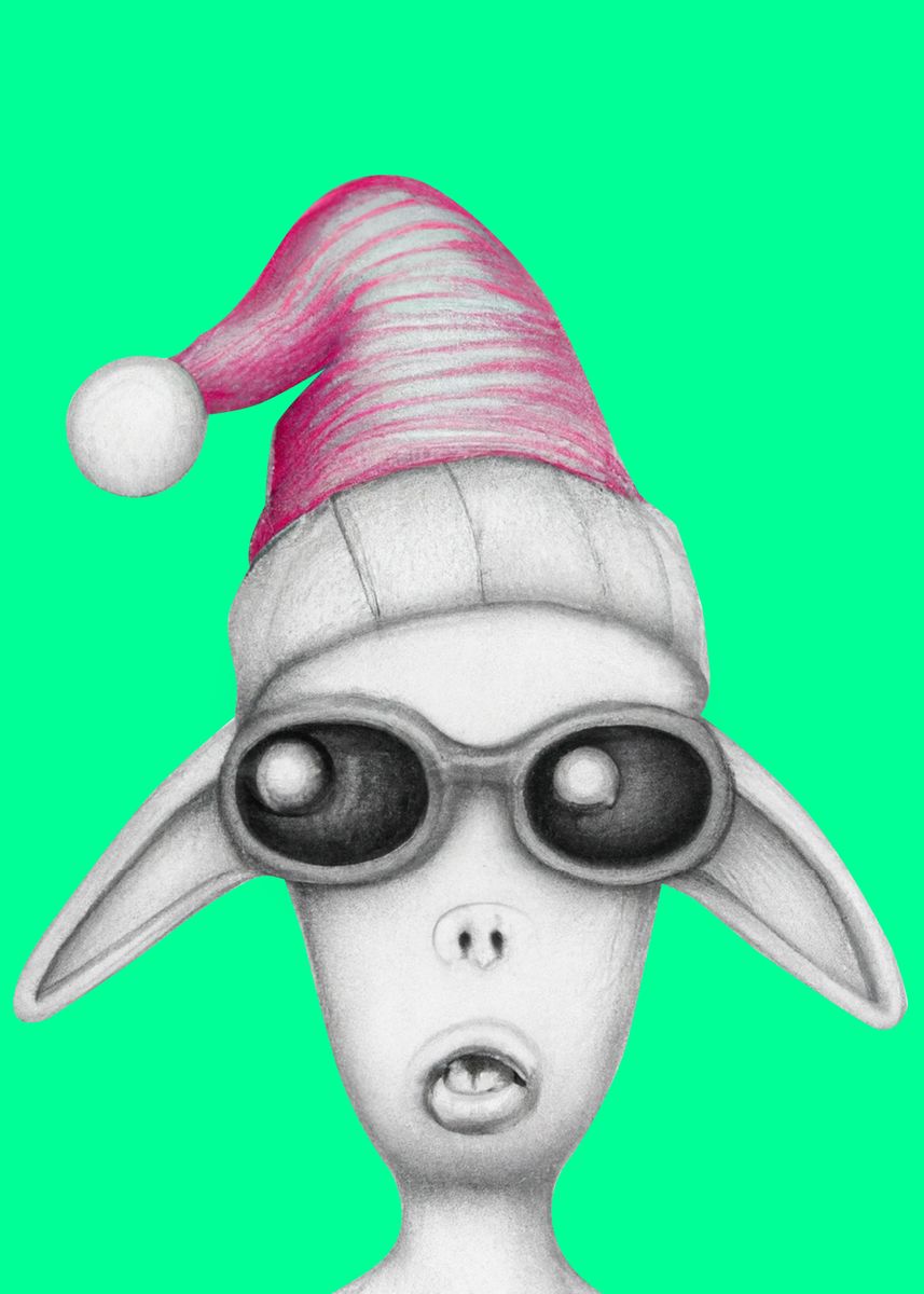 'alien wearing cristmas hat' Poster, picture, metal print, paint by ...
