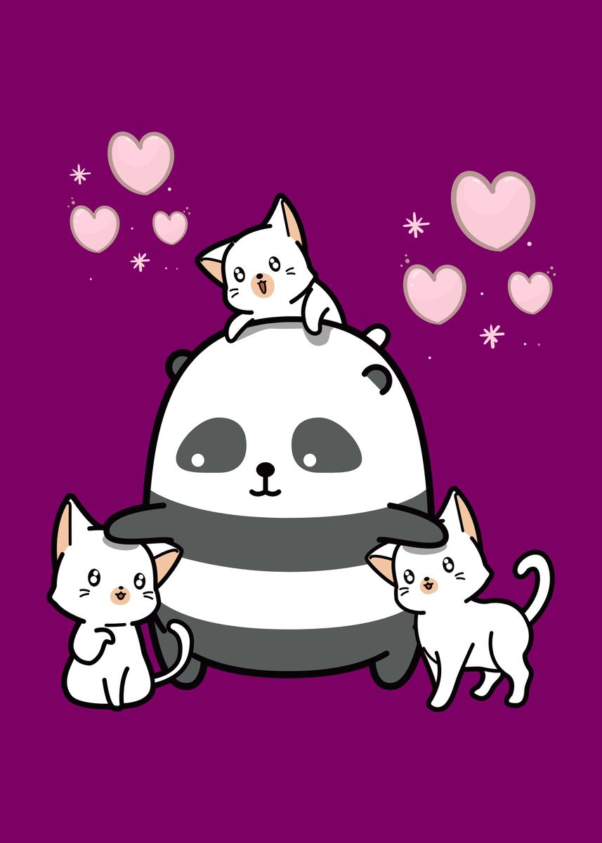 'Cute Panda Three Kitty ' Poster, picture, metal print, paint by Oizy ...
