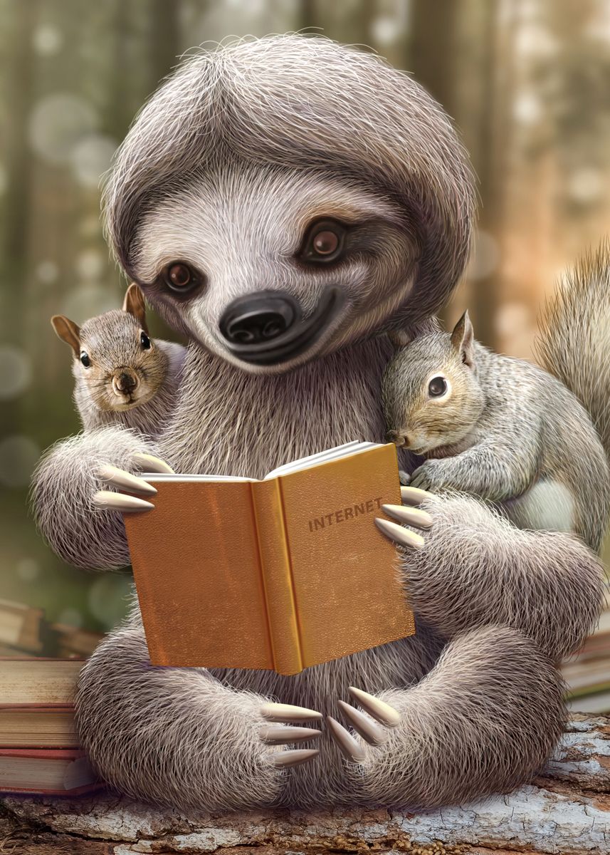'SLOTH READ BOOKS' Poster, picture, metal print, paint by Adam Lawless ...