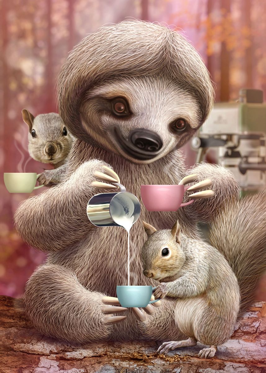 'SLOTH BARISTA' Poster, picture, metal print, paint by Adam Lawless ...