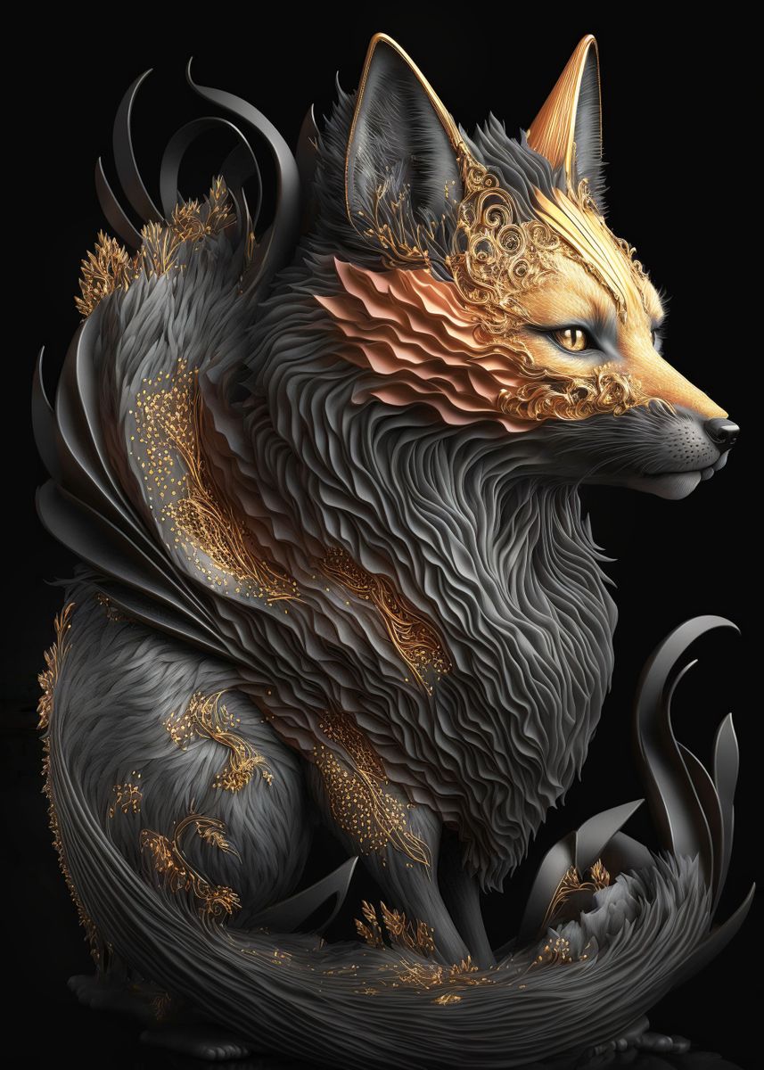 'Fire Fox Golden Art Deco' Poster, picture, metal print, paint by Luong ...