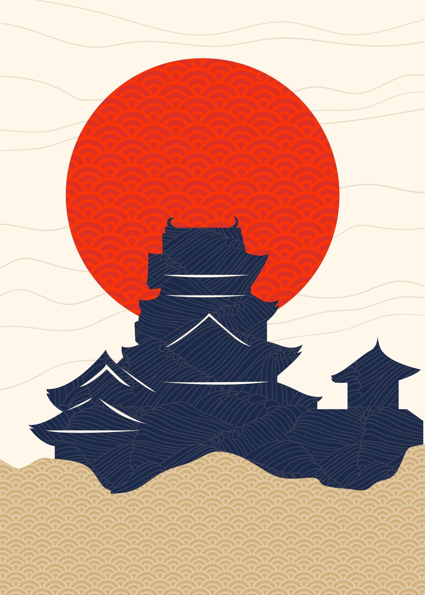 'Red Sun With Temple Japan' Poster, picture, metal print, paint by ...