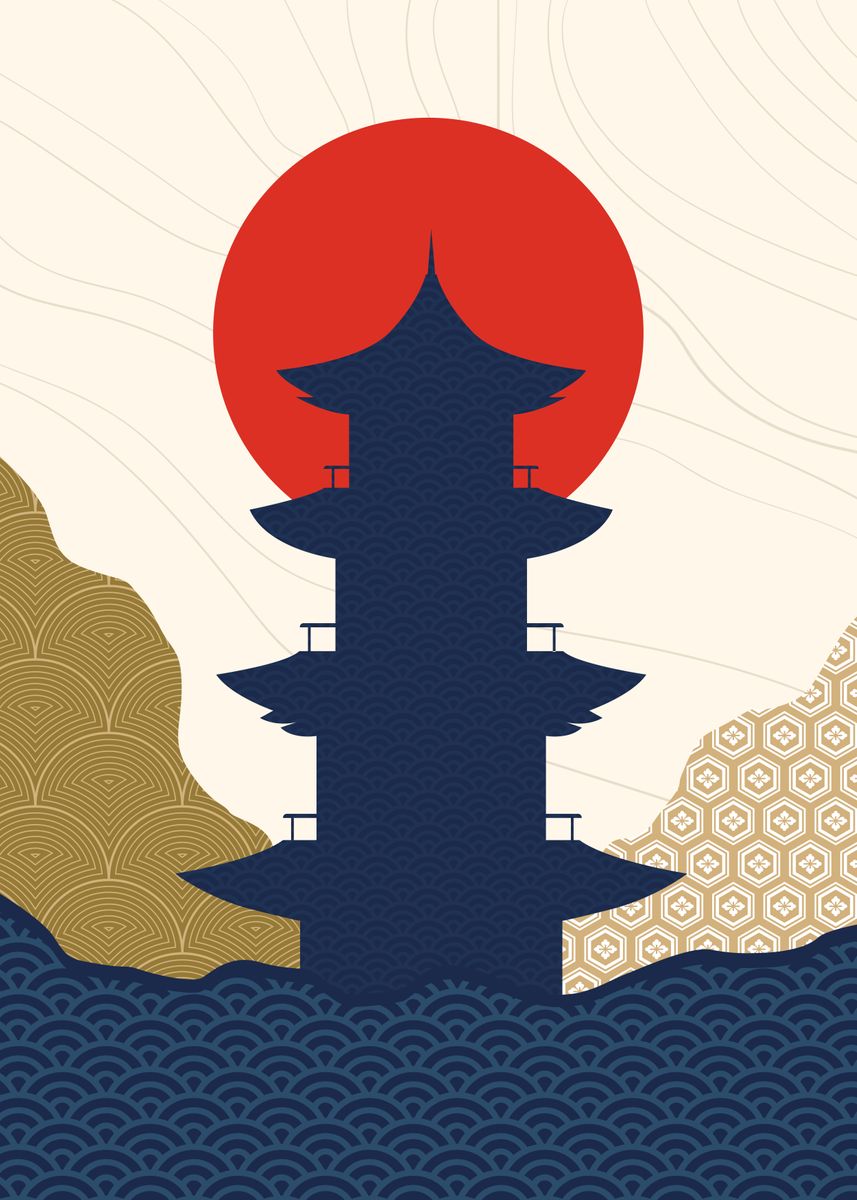 'Japanese Temple' Poster, picture, metal print, paint by ROLIB | Displate