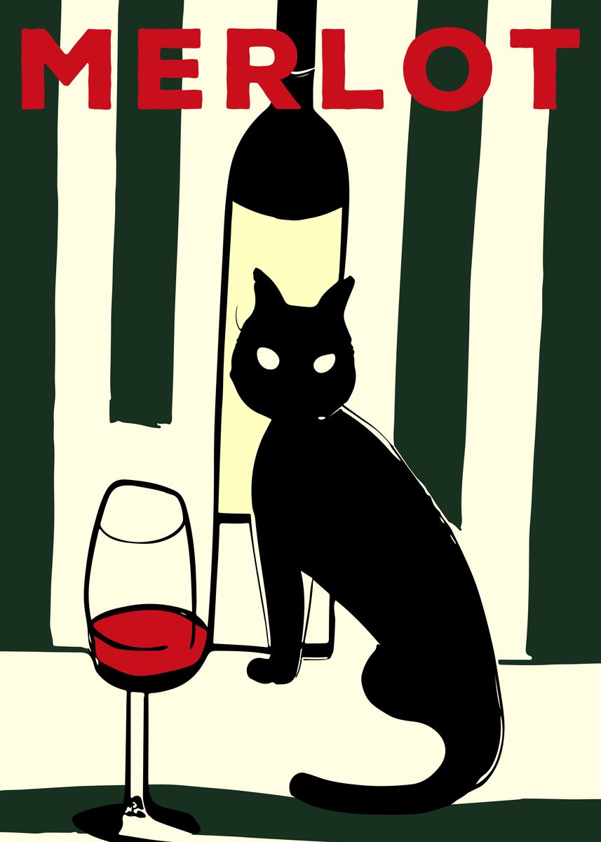 'Merlot Wine Cat Poster' Poster, picture, metal print, paint by ...
