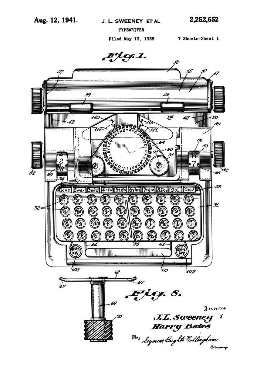 'Typewriter patent 1938' Poster, picture, metal print, paint by ...