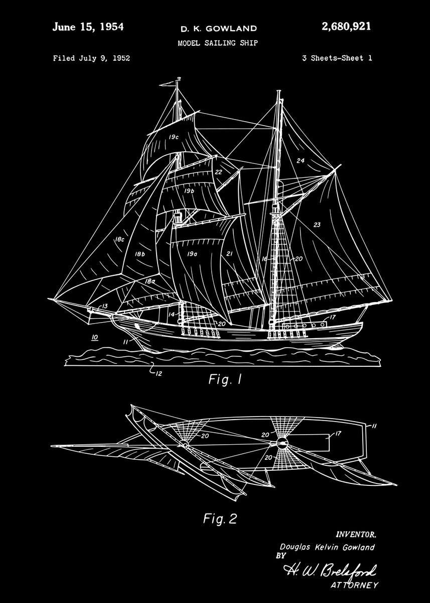 'Sailing ship patent 1952' Poster, picture, metal print, paint by ...