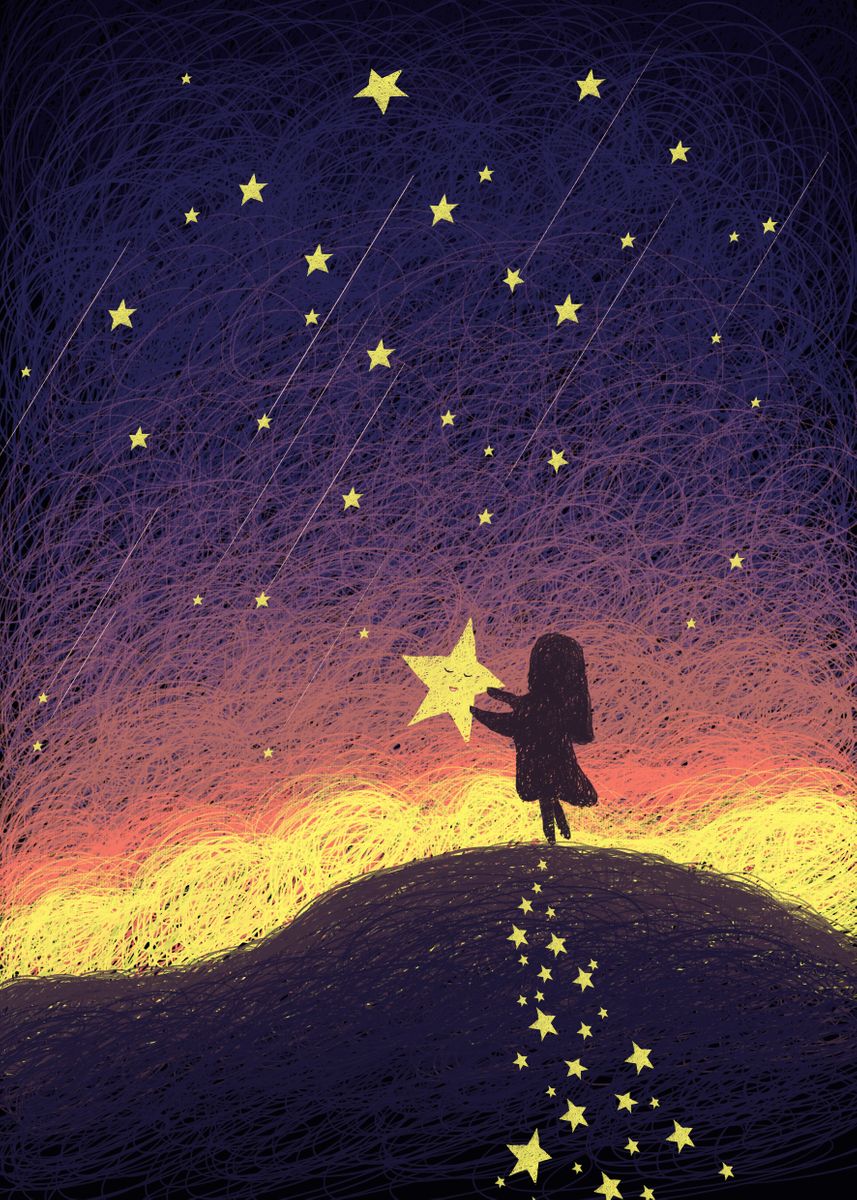 'Little girl picking stars' Poster, picture, metal print, paint by ...