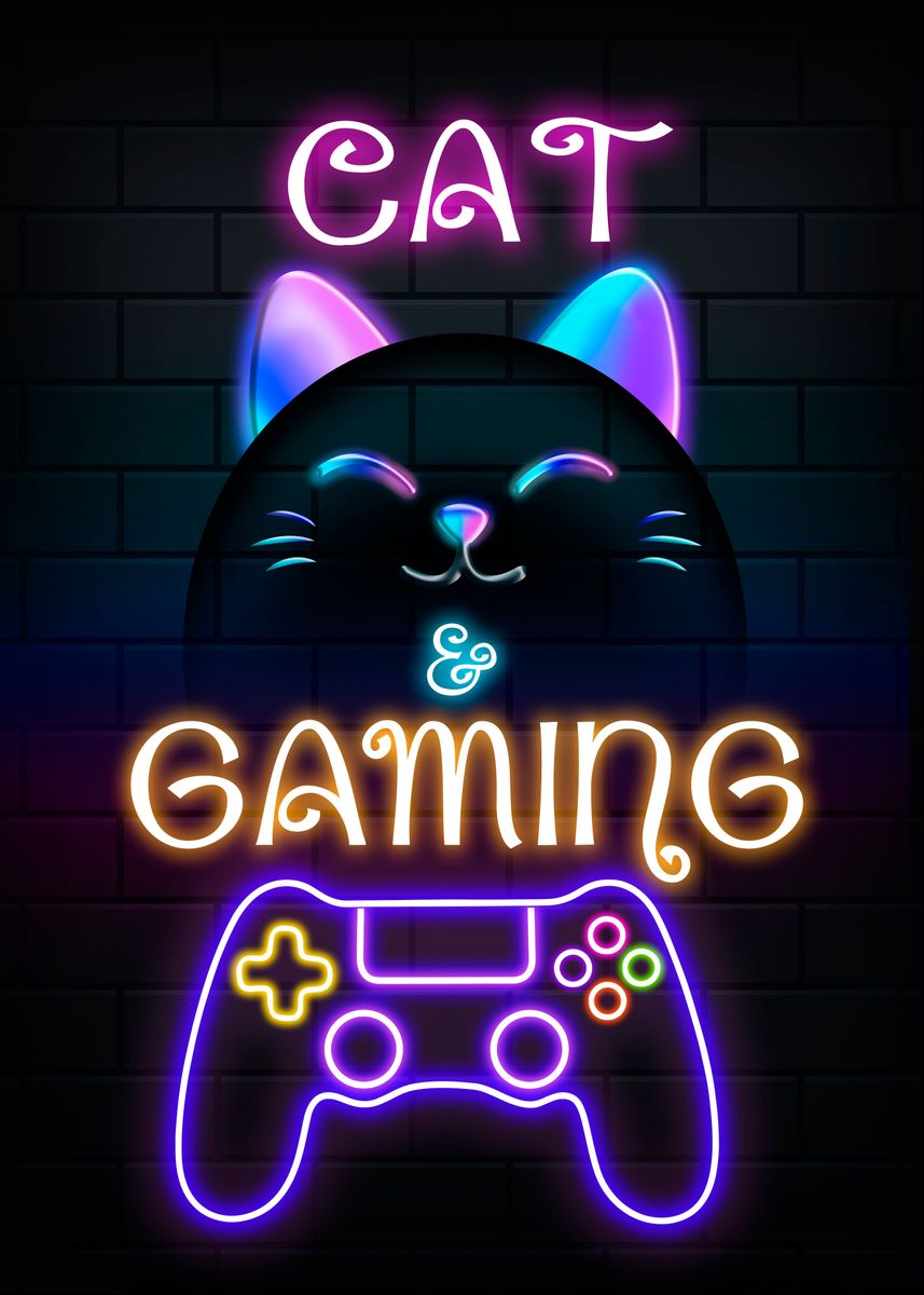 'Cat and Gaming poster' Poster, picture, metal print, paint by Metal ...