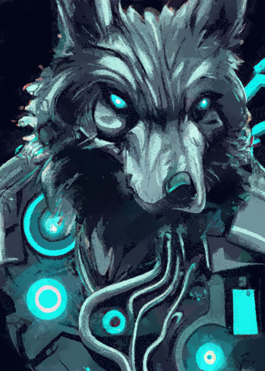 'Cyber wolf' Poster, picture, metal print, paint by Evgenuy Merkushov | Displate