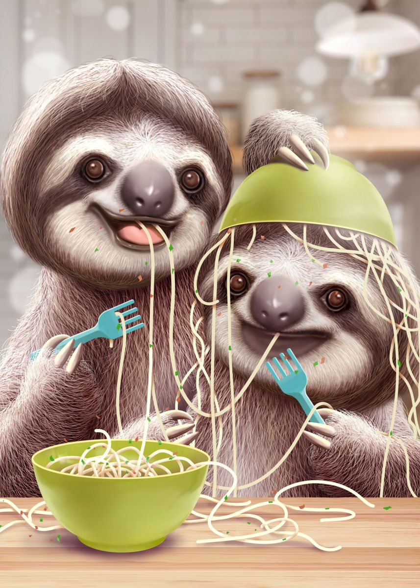 'SLOTHS EAT SPAGETTI' Poster, picture, metal print, paint by Adam ...