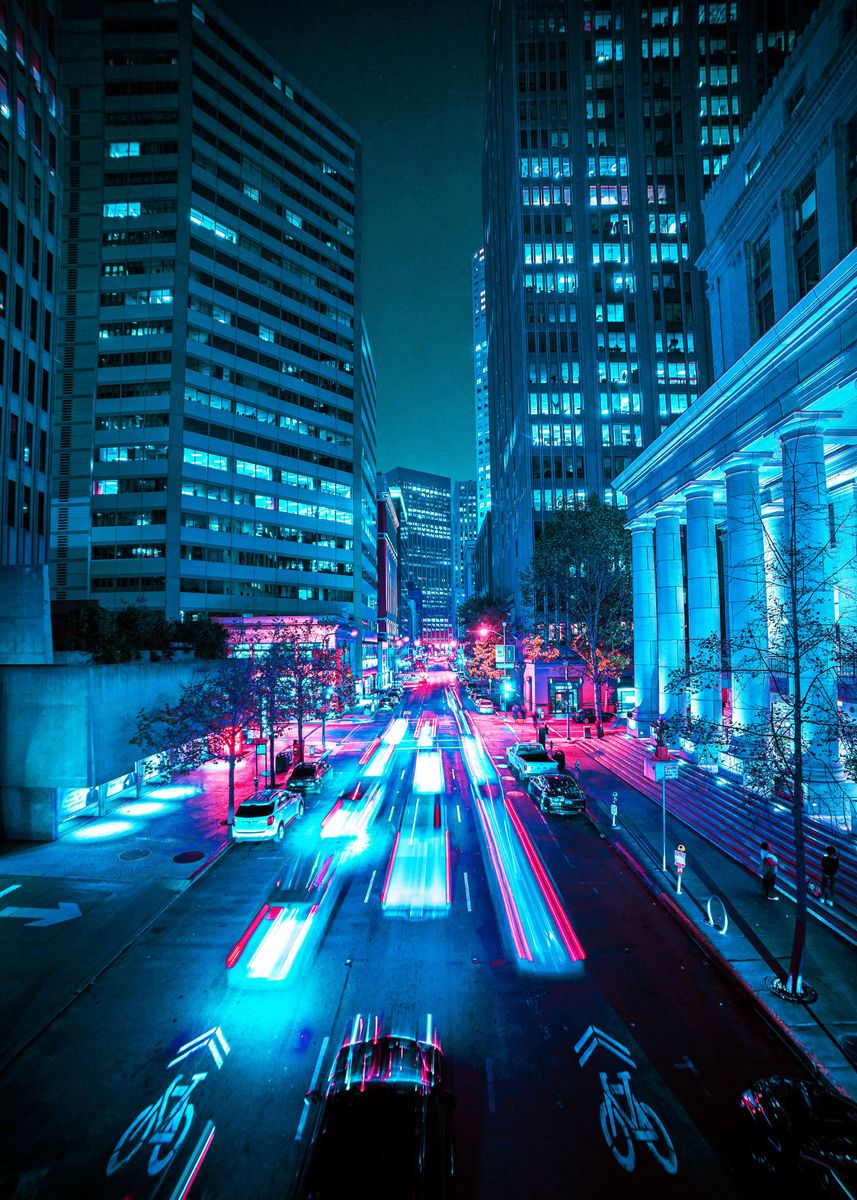 'red and blue city lights' Poster, picture, metal print, paint by Hafis ...