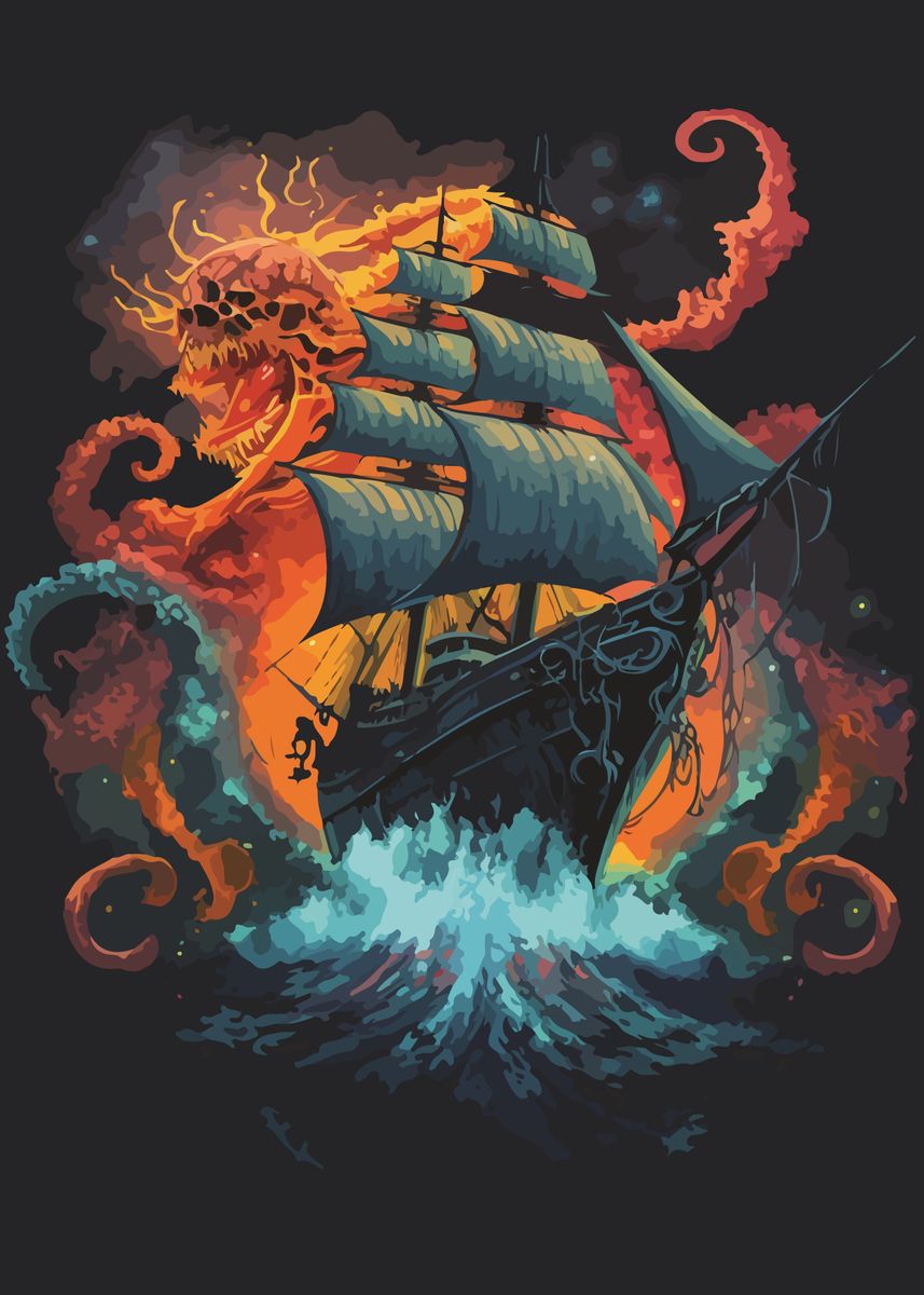 'Sea monster Ship pop art' Poster, picture, metal print, paint by ...