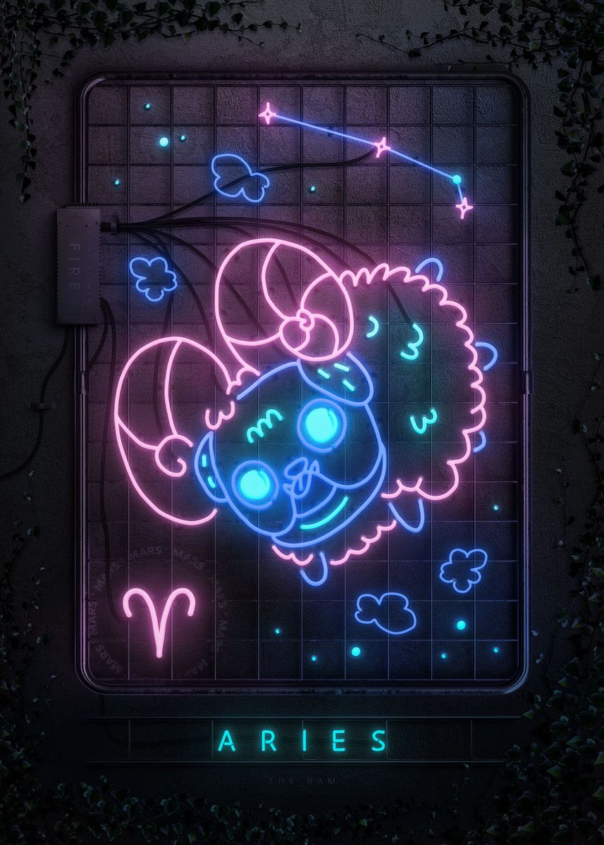'Neon Sign Aries' Poster, picture, metal print, paint by Kilo Byte ...