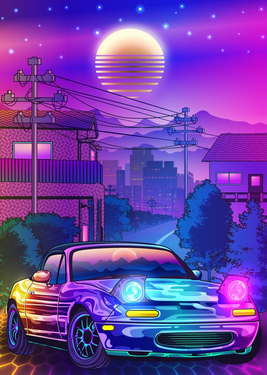 'JDM MX5 Miata Synthwave' Poster, picture, metal print, paint by ...