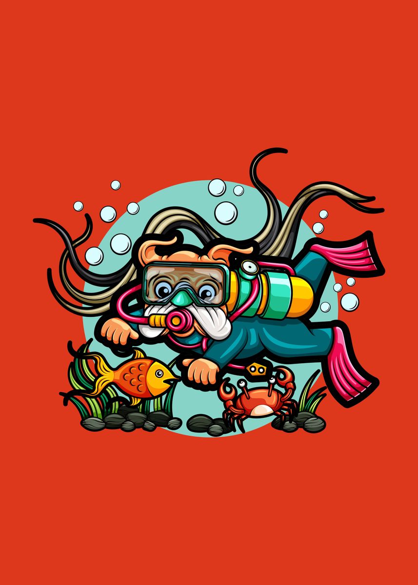 'Cute diving pug dog' Poster by RickyEKelly | Displate