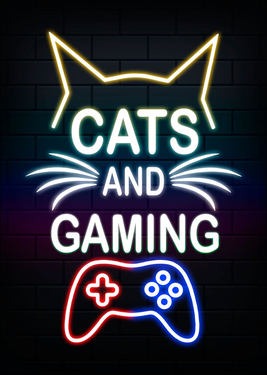 ' Cats And Gaming Cat Neon' Poster, picture, metal print, paint by ...
