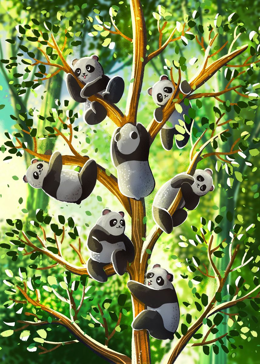 'Pandas on a tree' Poster, picture, metal print, paint by Evgenia ...