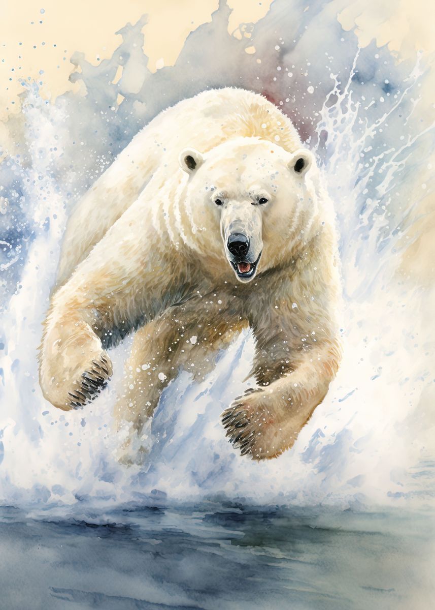 'Polar bear pouncing' Poster, picture, metal print, paint by Maxima ...