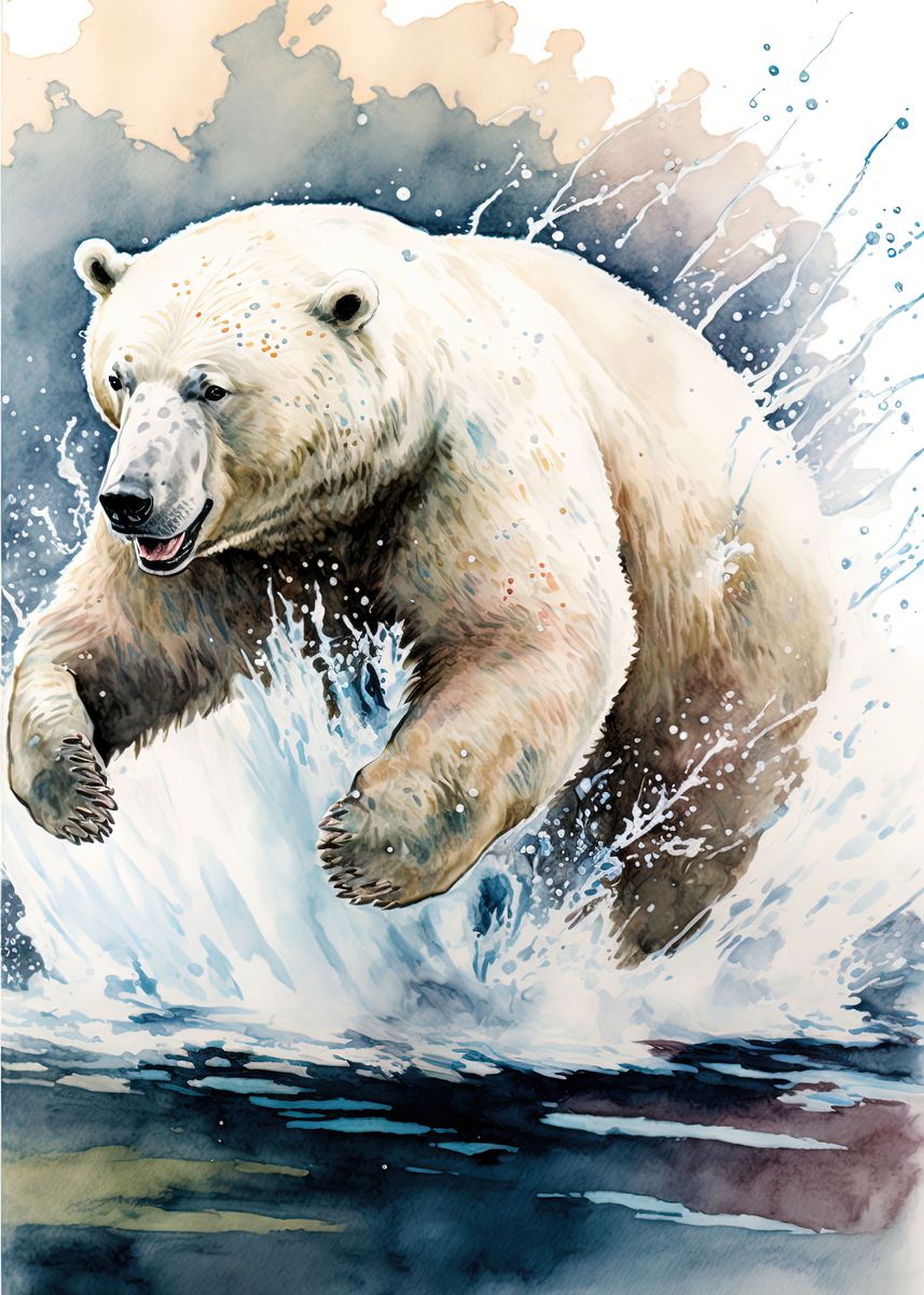 'Polar bear pouncing' Poster, picture, metal print, paint by Maxima ...