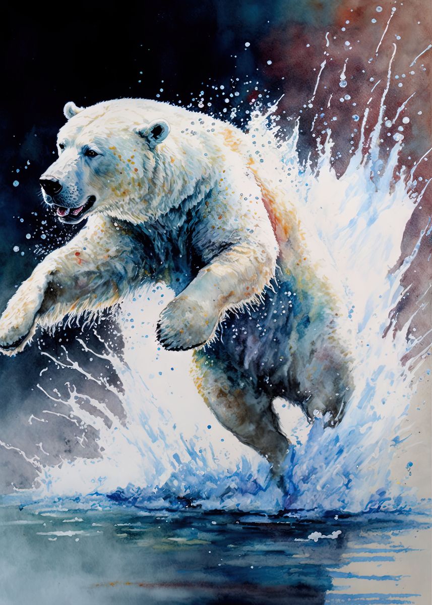 'Polar bear pouncing' Poster, picture, metal print, paint by Maxima ...