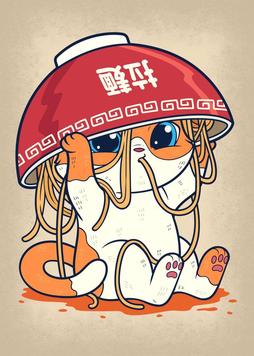 'Cat Wearing Ramen Bowl' Poster, picture, metal print, paint by B Cubed ...