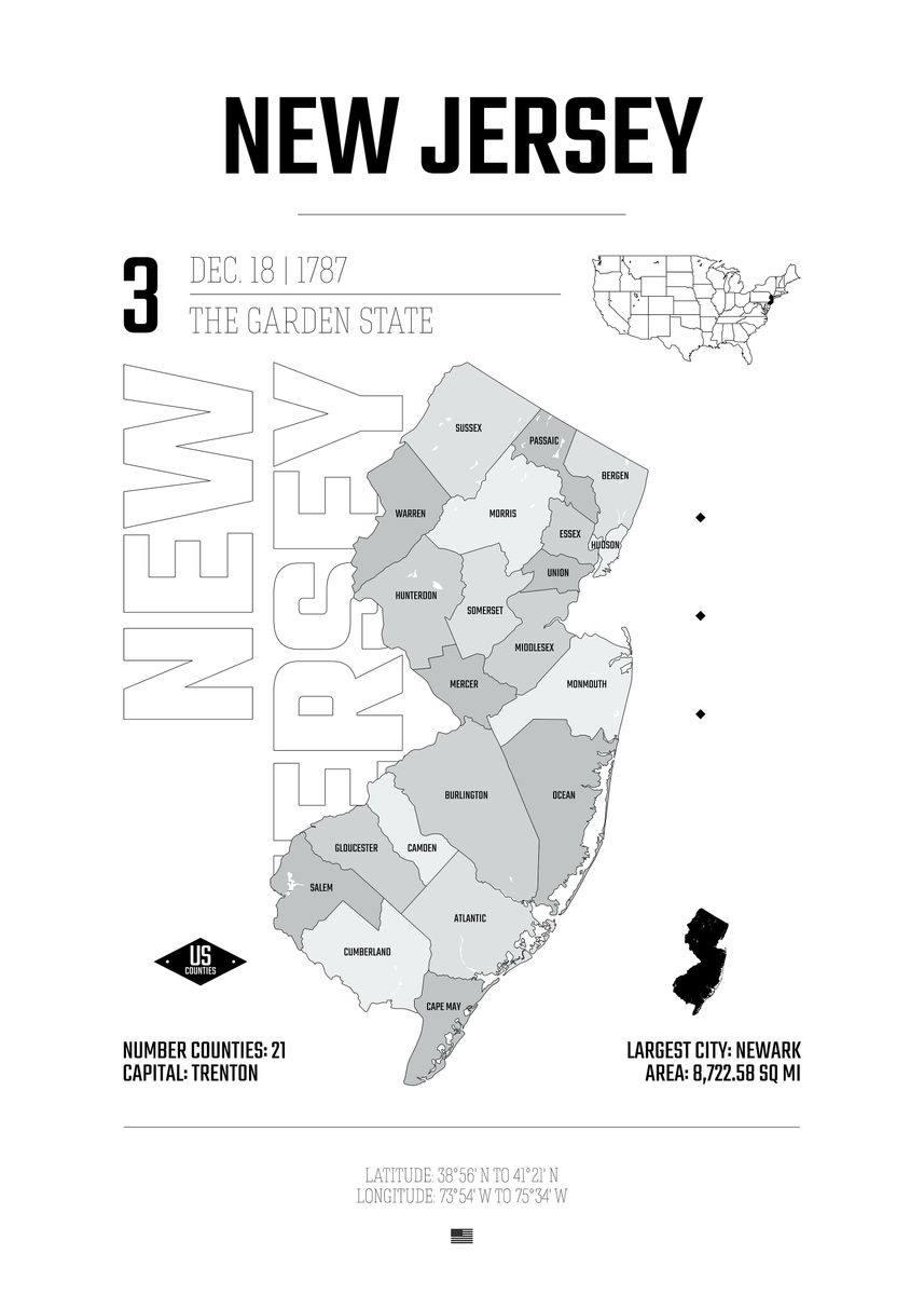 'New Jersey state map ' Poster, picture, metal print, paint by ...