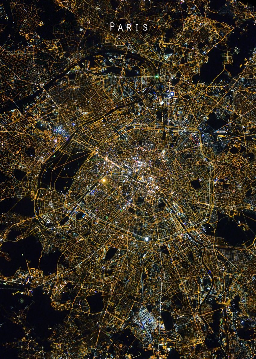 'Paris at night from space' Poster, picture, metal print, paint by ...
