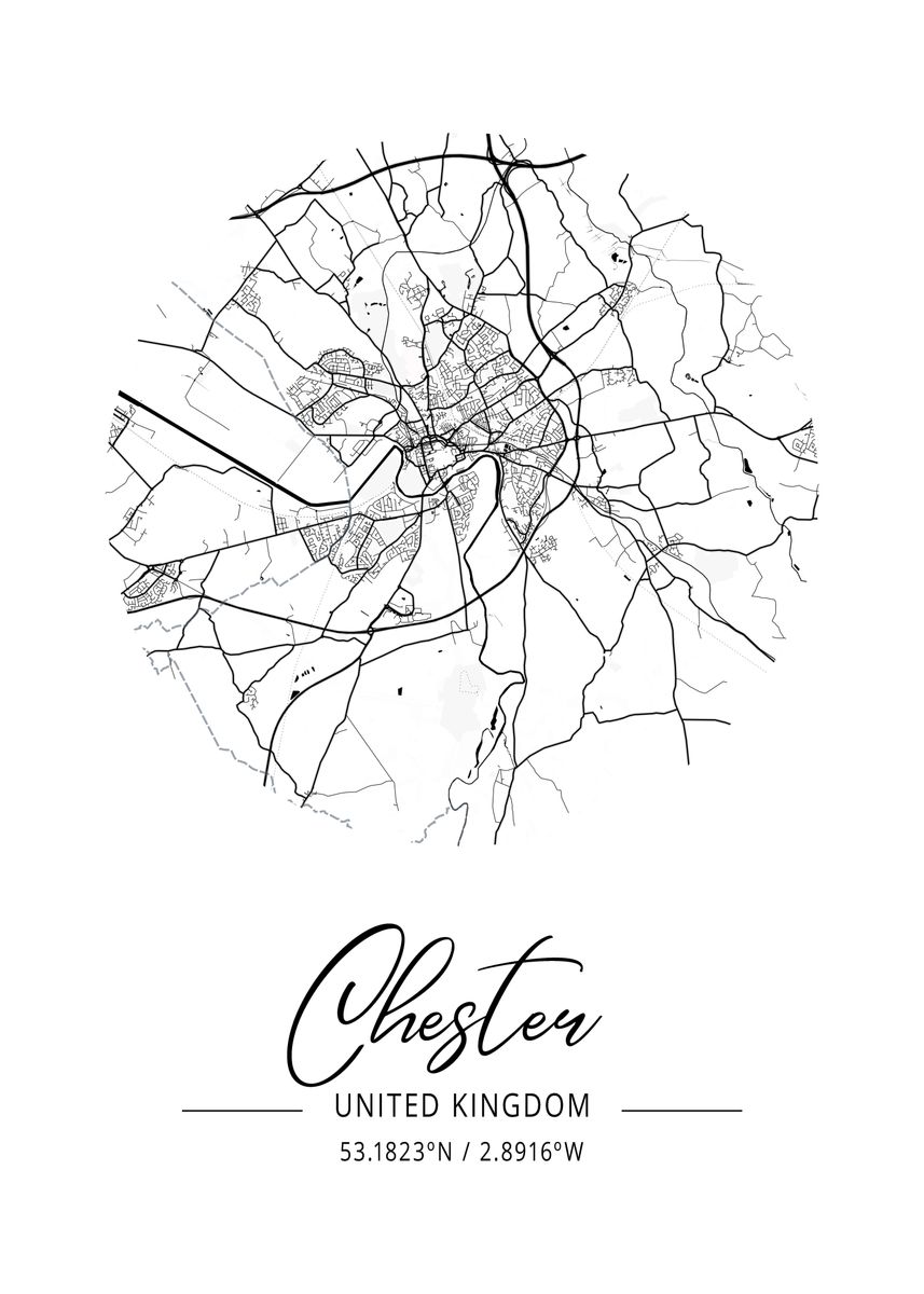 'Chester City Map' Poster, picture, metal print, paint by Nae | Displate