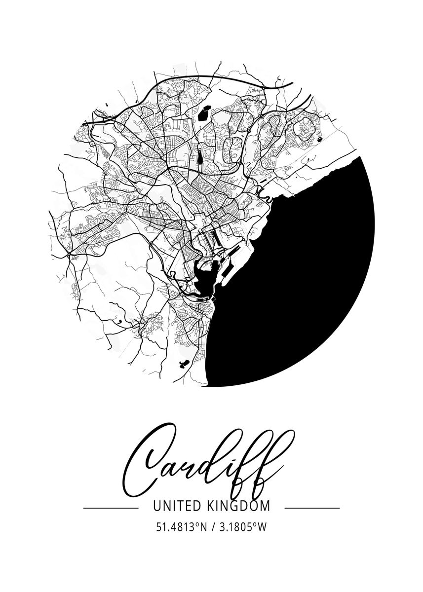 'Cardiff City Map' Poster, picture, metal print, paint by Nae | Displate