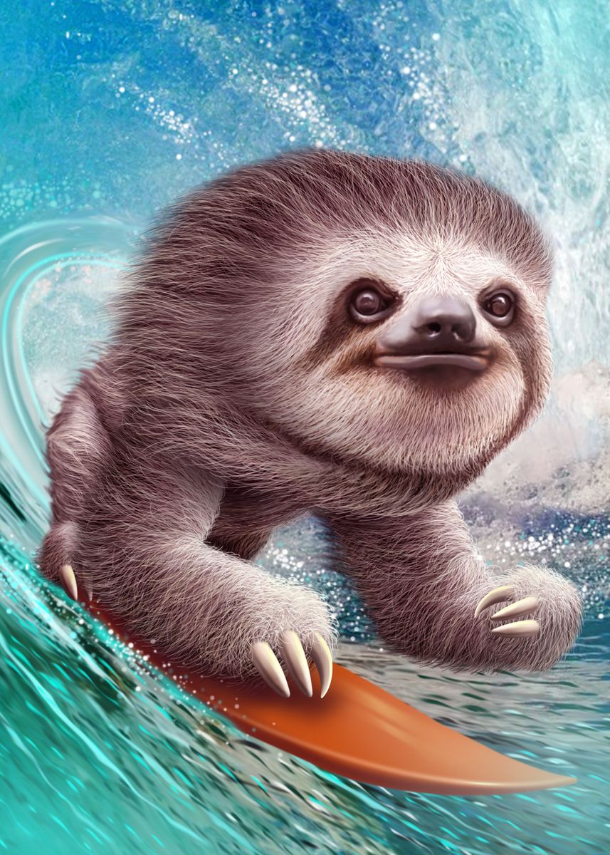 'SLOTH SURFING' Poster, picture, metal print, paint by Adam Lawless ...