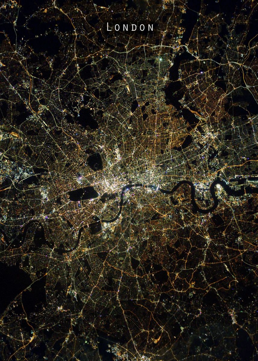 'London at night from space' Poster, picture, metal print, paint by ...