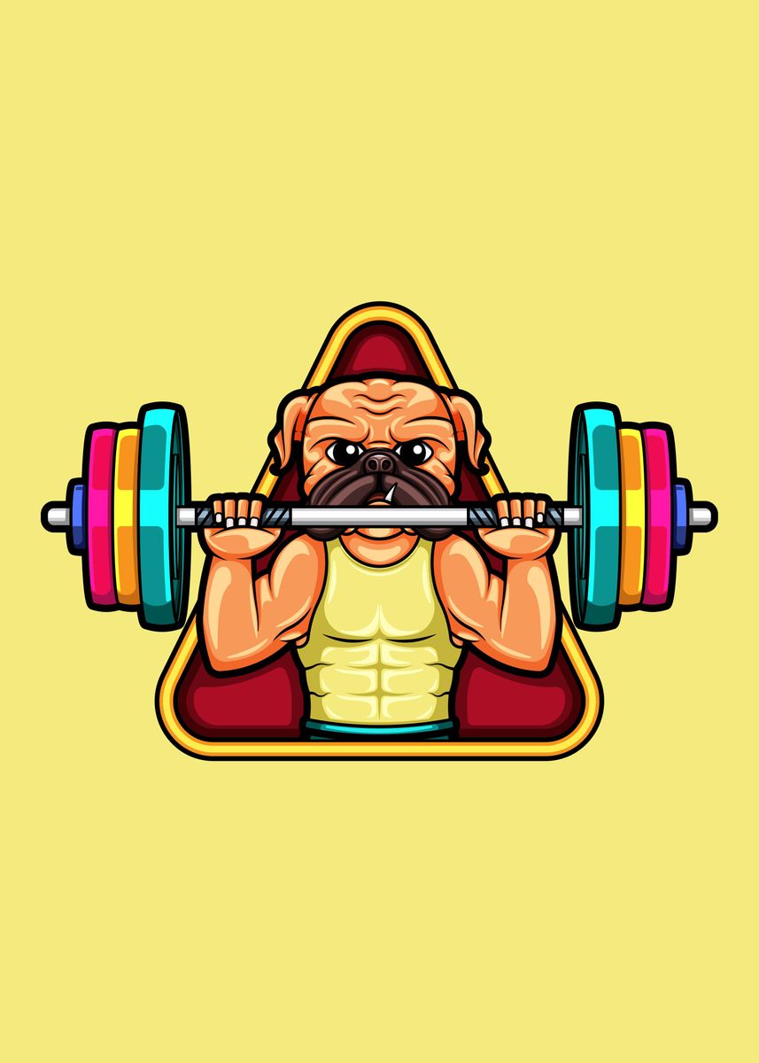 'pug dog lifting weights' Poster, picture, metal print, paint by ...