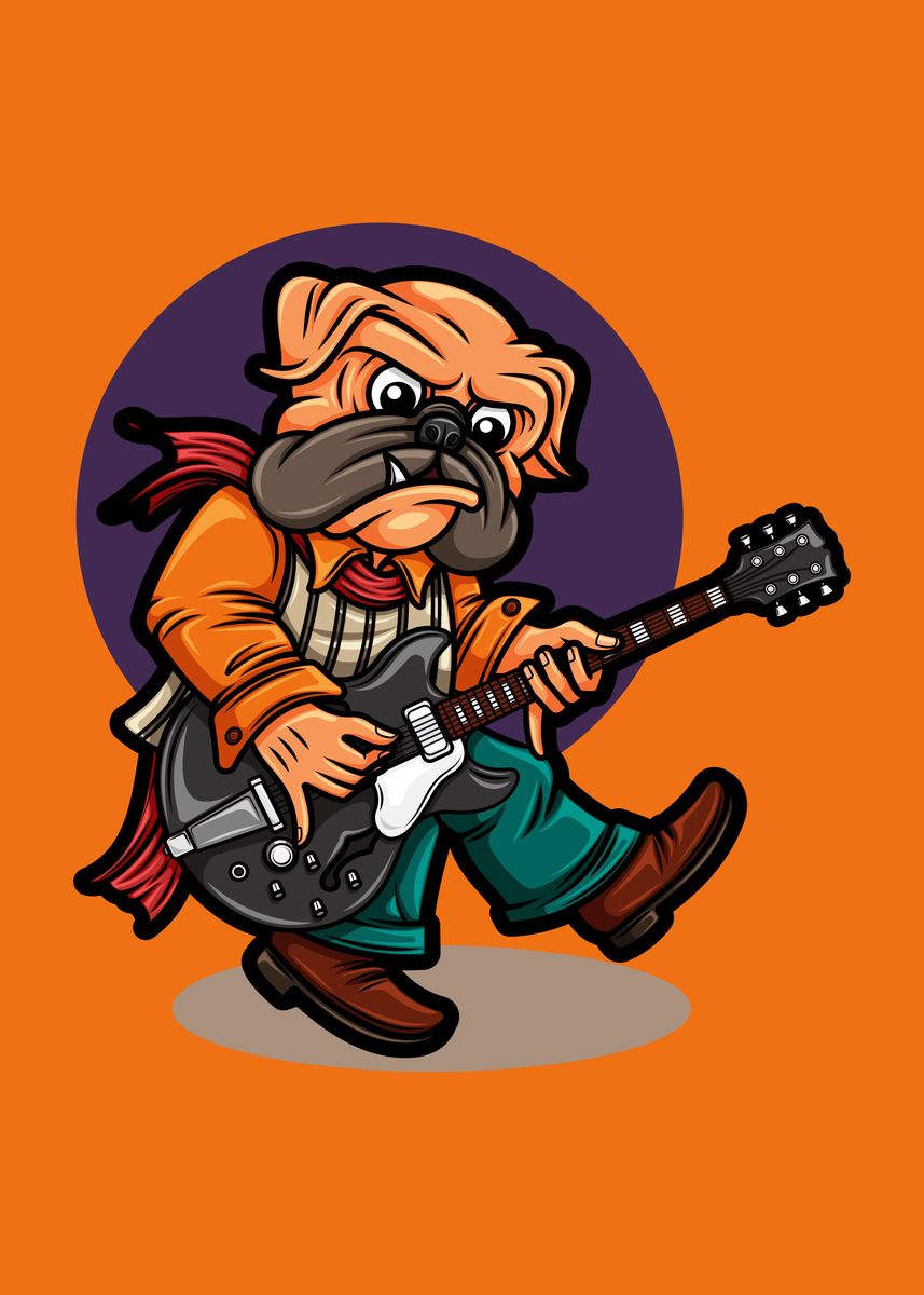 'pug dog playing guitar' Poster, picture, metal print, paint by ...