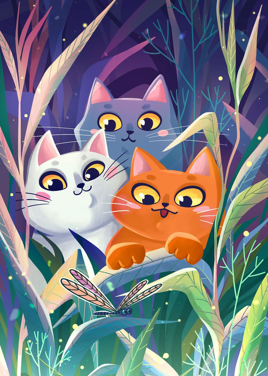 'Dragonfly and cats' Poster, picture, metal print, paint by Evgenia ...