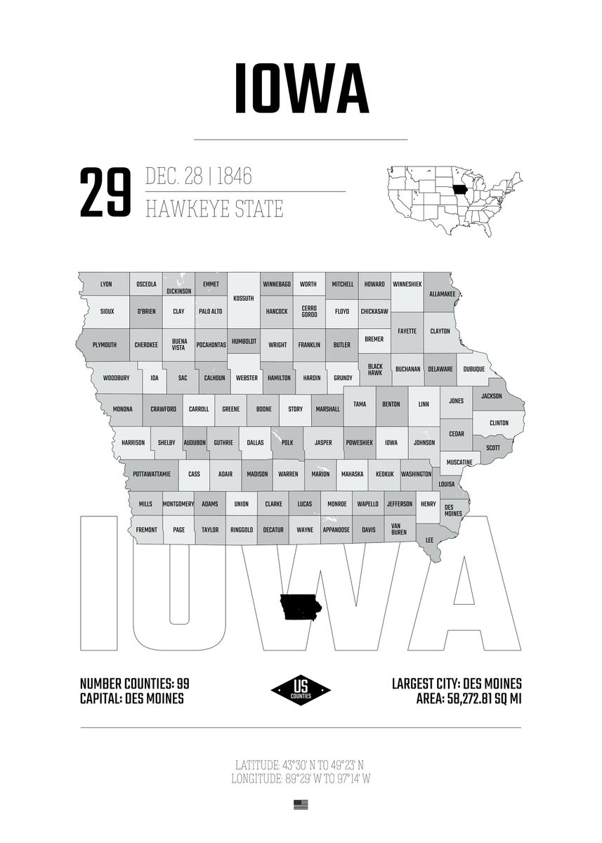 'Iowa state map USA' Poster, picture, metal print, paint by Designersen ...