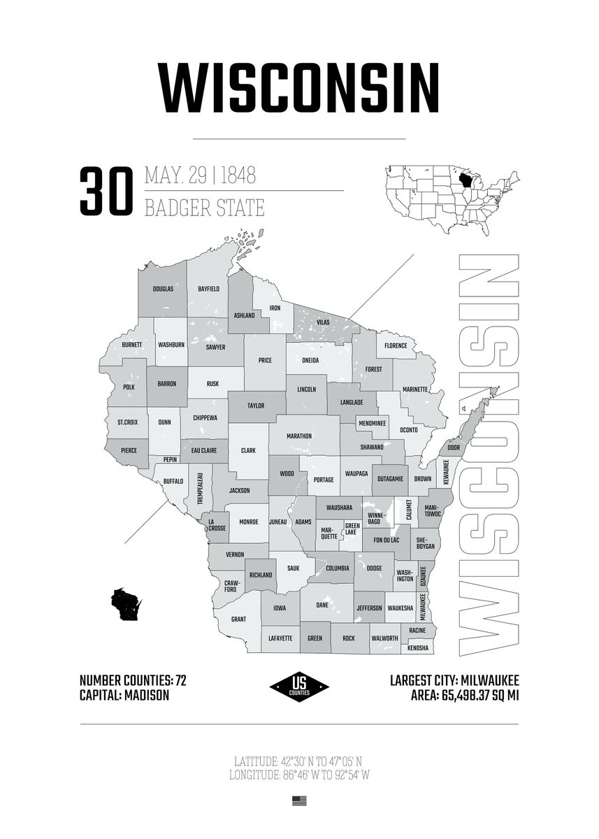 'Wisconsin state map USA' Poster, picture, metal print, paint by ...