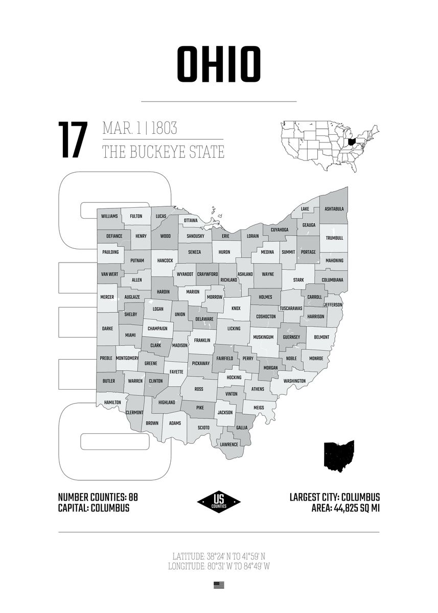 'Ohio state map USA' Poster, picture, metal print, paint by Designersen ...