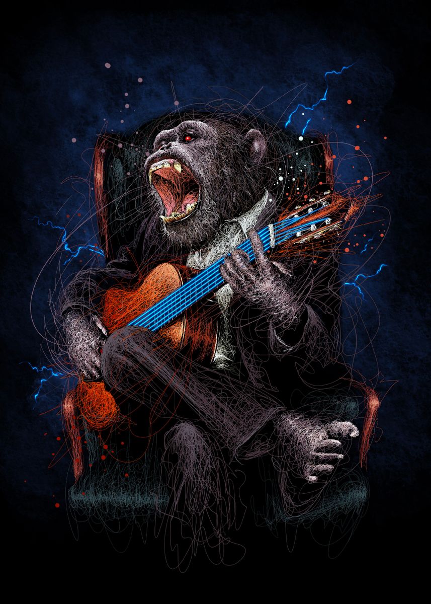 'Guitarist monkey scribble' Poster, picture, metal print, paint by yunur mawan | Displate