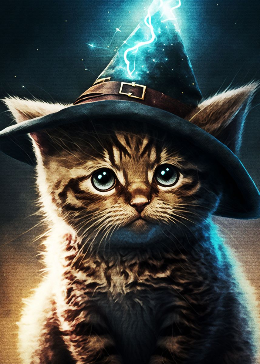 'Cat witch hat perched' Poster, picture, metal print, paint by Muh ...