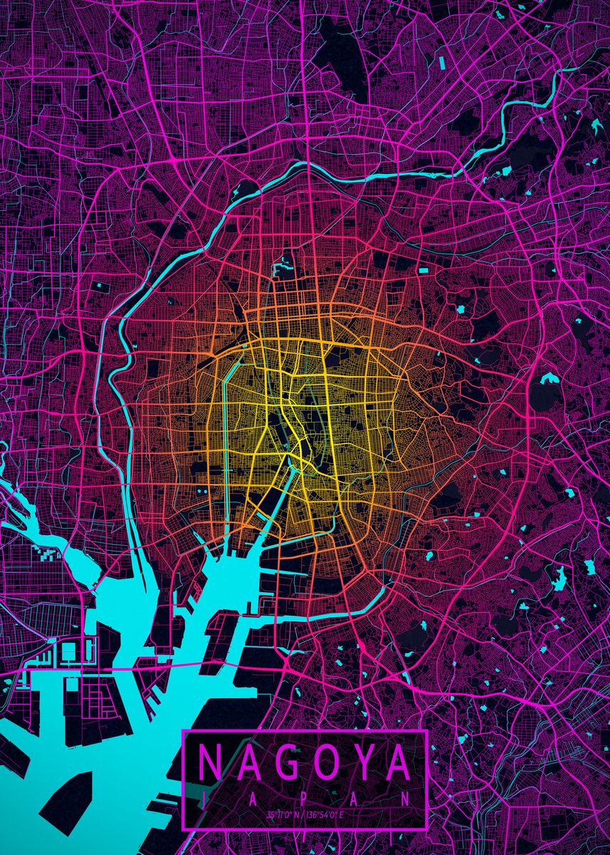 'Nagoya City Map Neon' Poster, picture, metal print, paint by deMAP ...