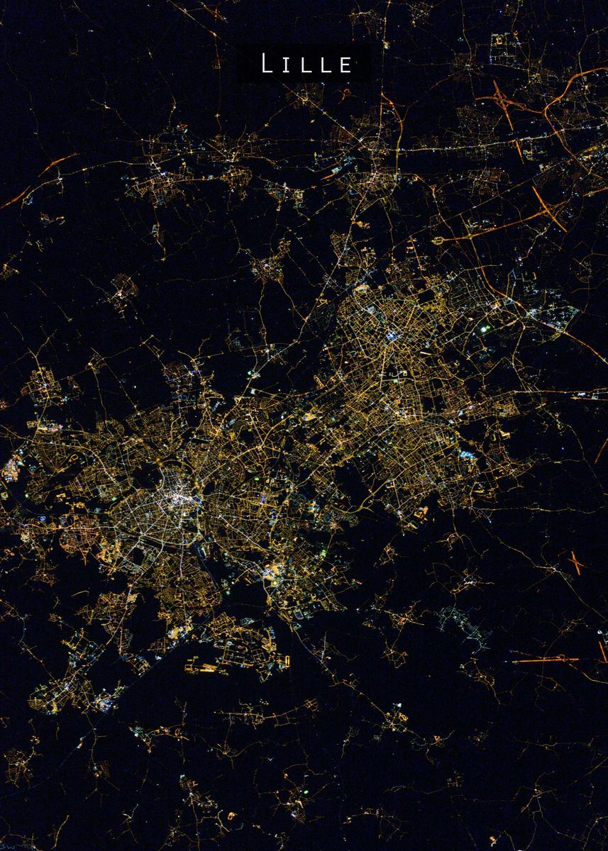 'Lille at night from space' Poster, picture, metal print, paint by ...