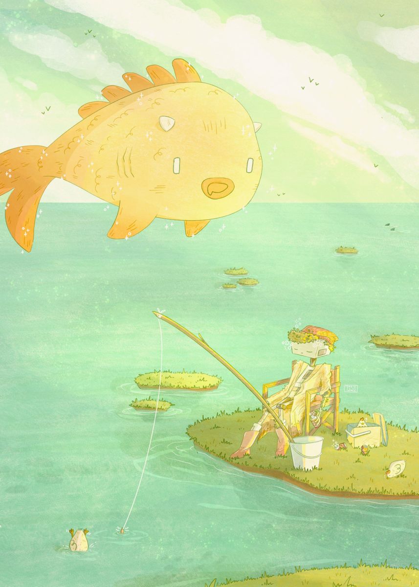 'Elijah the fishing robot' Poster, picture, metal print, paint by ...