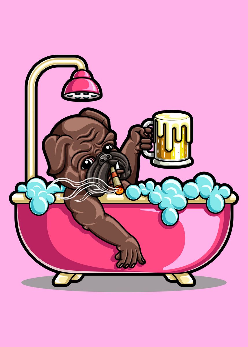 'pug dog smoking while' Poster, picture, metal print, paint by ...