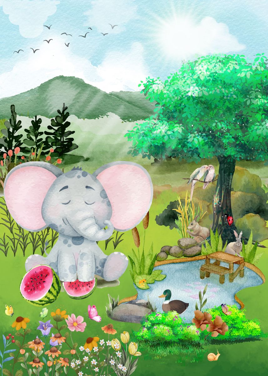 'Elephant Eating Watermelon' Poster, picture, metal print, paint by ...