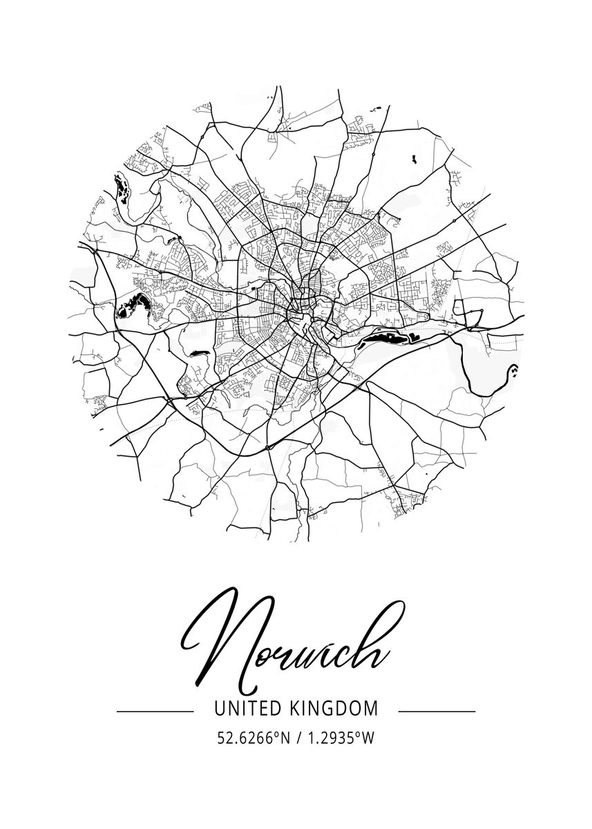 'Norwich City Map' Poster, picture, metal print, paint by Nae | Displate